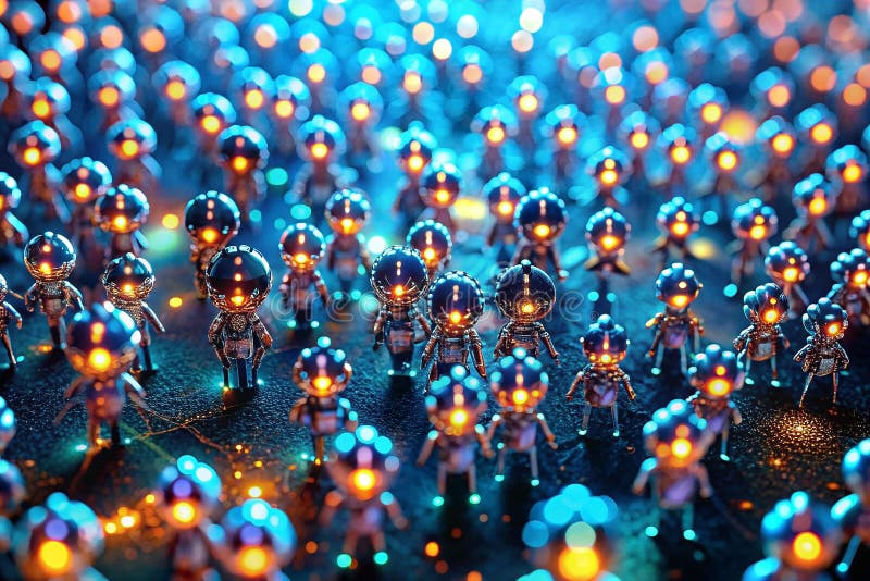 Tiny Robots Standing in a Large Group, Glowing Lights, Futuristic ...