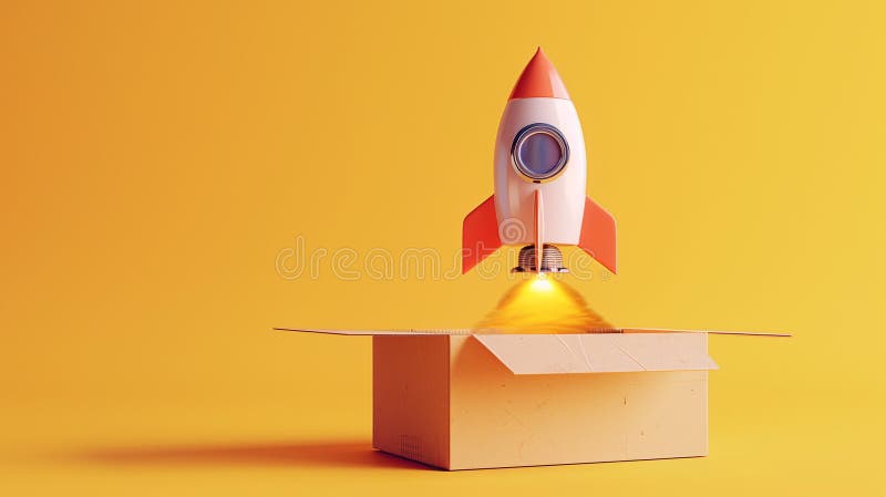 Tiny Rocket Emerging from a Cardboard Box, on a Solid Yellow Background ...