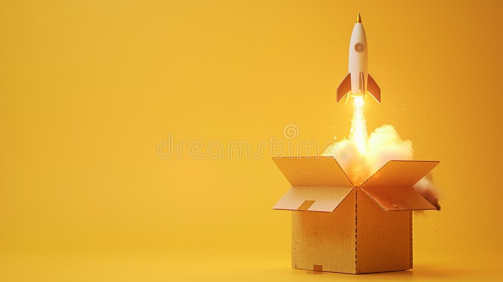 Tiny Rocket Launching from an Open Cardboard Box, Against a Yellow ...