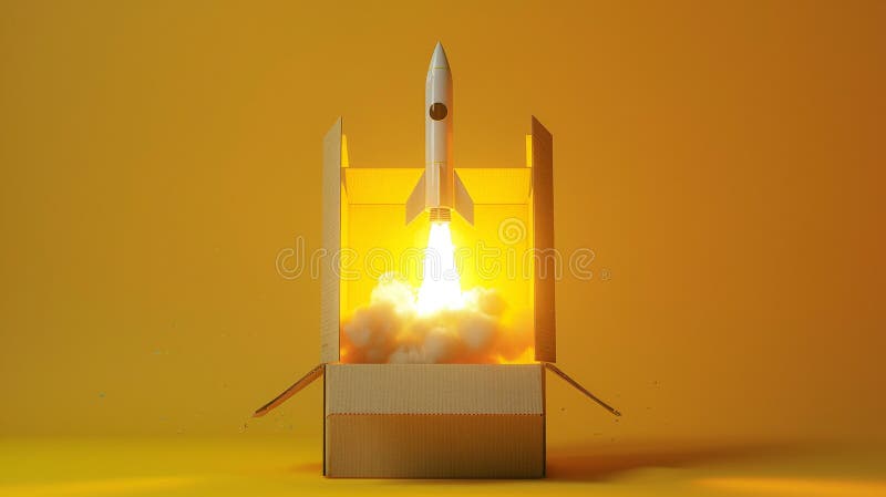 Tiny Rocket Launching from an Open Cardboard Box, Against a Yellow ...