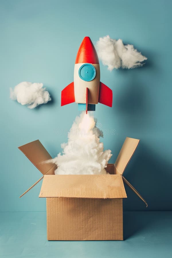 Tiny Rocket is Taking Off from a Cardboard Box, Blue Background Stock ...