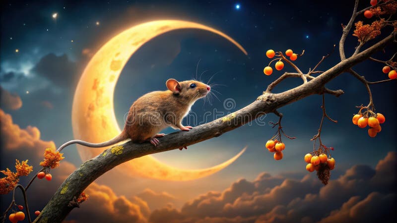 A Tiny Rodent Perched on a Branch, Silhouetted Against a Crescent Moon ...
