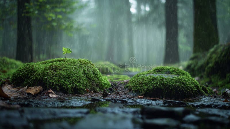 A Tiny Sapling Pushing through Mossy Rocks in a Rain-Soaked Forest ...