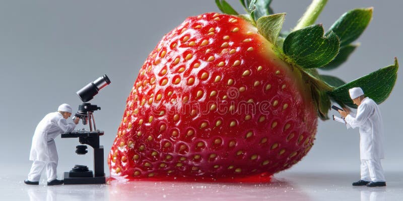 Tiny Scientists Examine Giant Strawberry with Microscopes in Art Stock ...