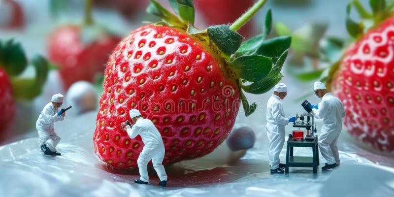Tiny Scientists Examine Giant Strawberry with Microscopes in Art Stock ...
