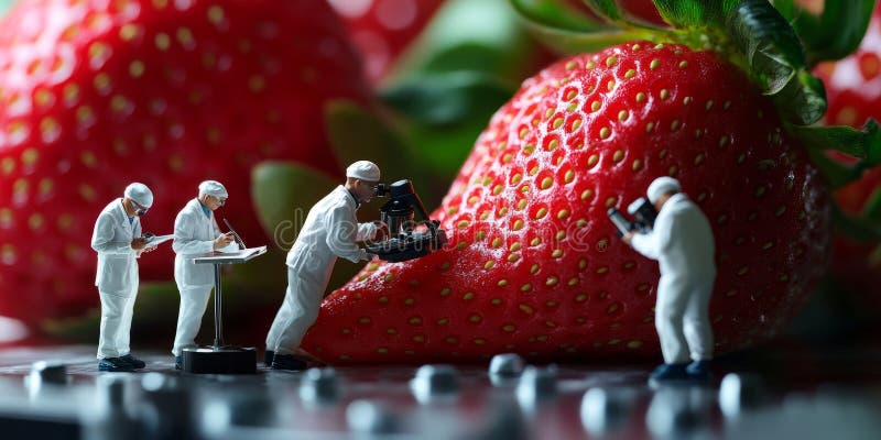 Tiny Scientists Examine Giant Strawberry with Microscopes in Art Stock ...