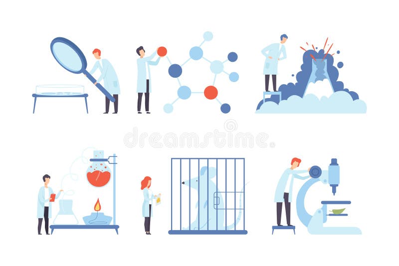 Tiny Scientists Working in Laboratory Set. Researcher Characters Doing ...