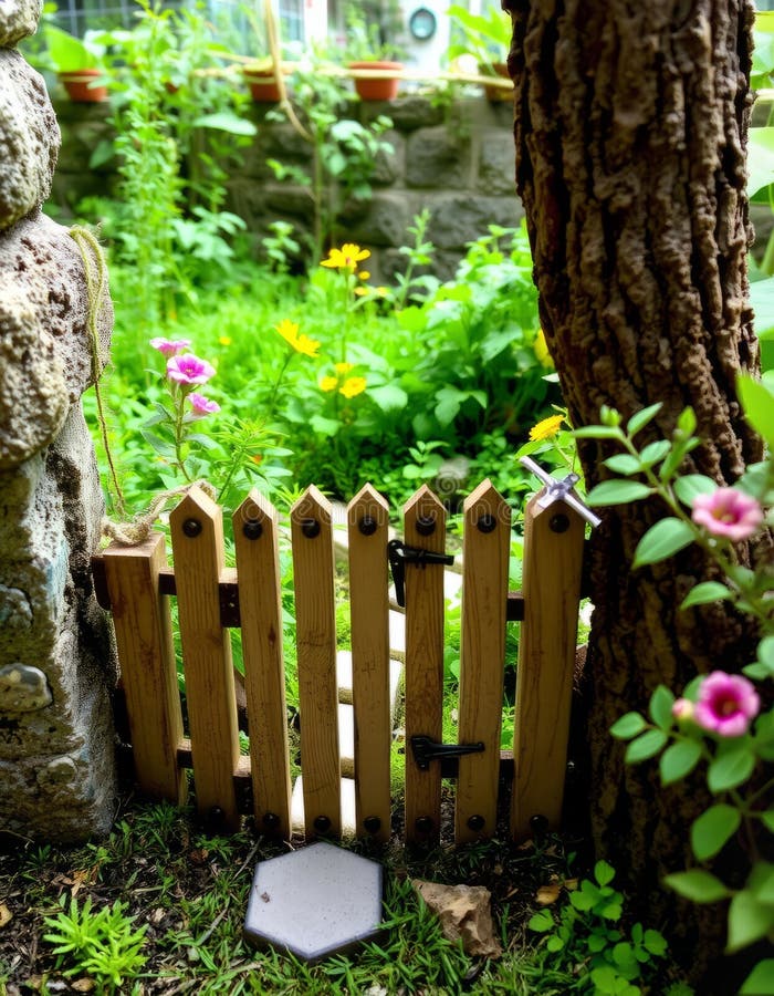 A Tiny Secret Garden Hidden Behind a Miniature Gate Stock Illustration ...