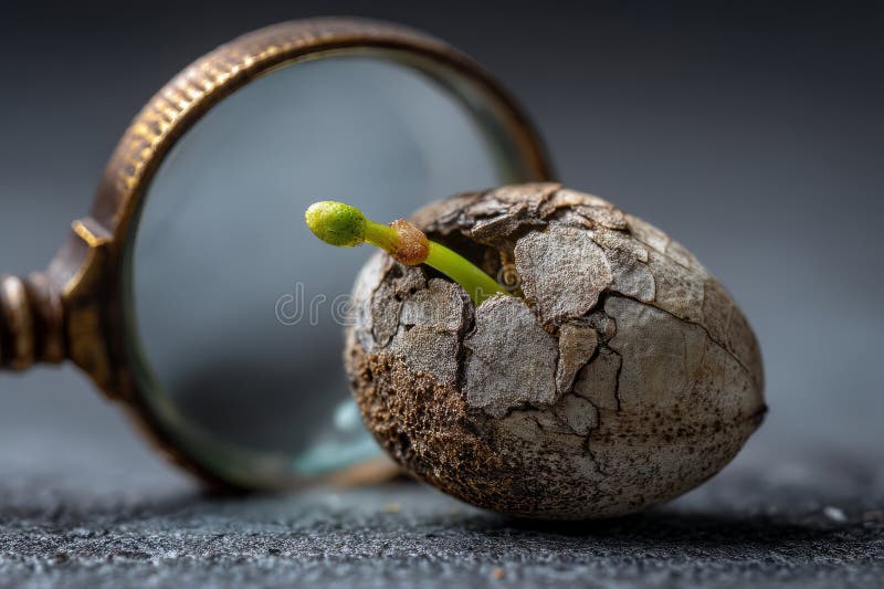 Tiny Seedling Emerging from Cracked Seed Shell Next To Magnifying Glass ...