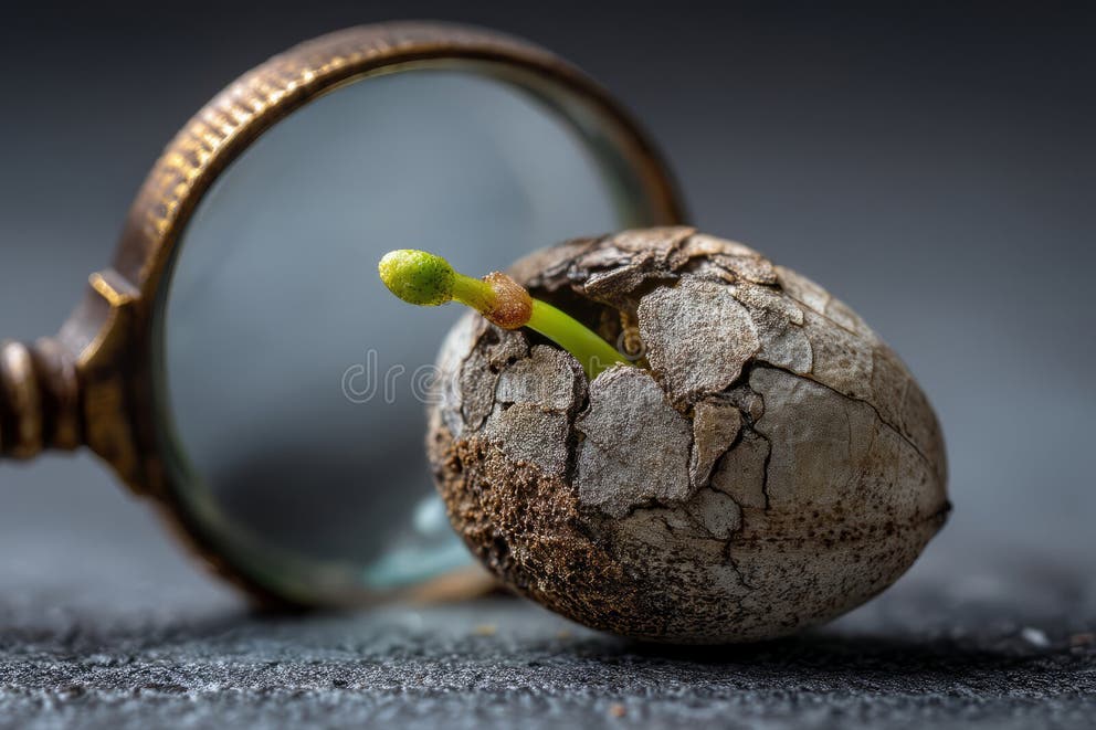 Tiny Seedling Emerging from Cracked Seed Shell Next To Magnifying Glass ...