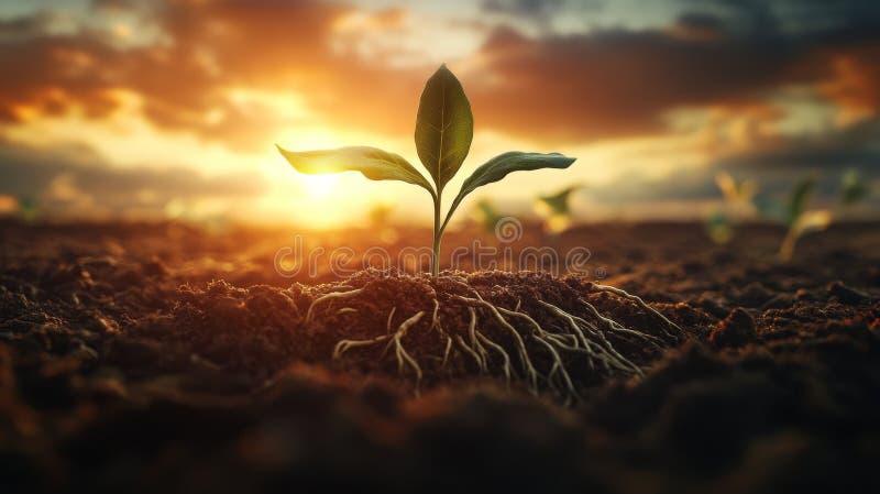 Seedling Sprouting from Soil Under a Glowing Sunset Stock Image - Image ...