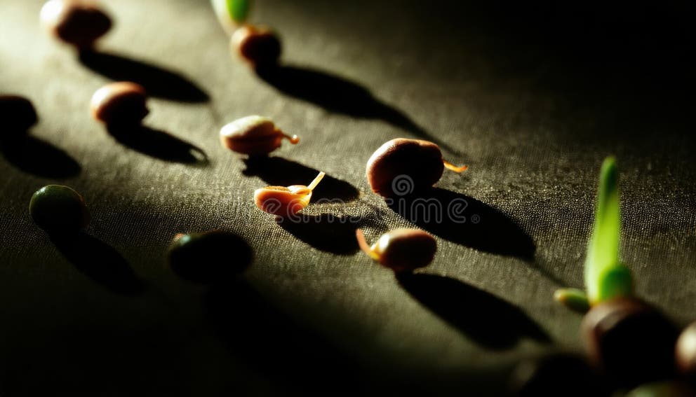 Seedlings Emerge, Casting Shadows on a Dark Surface, Showcasing the ...