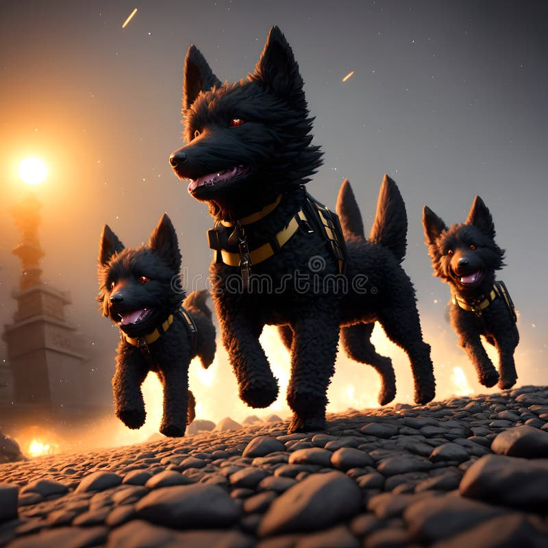 A Tiny Set of Chic Black Security Dogs in Combat on the Ruins of the ...