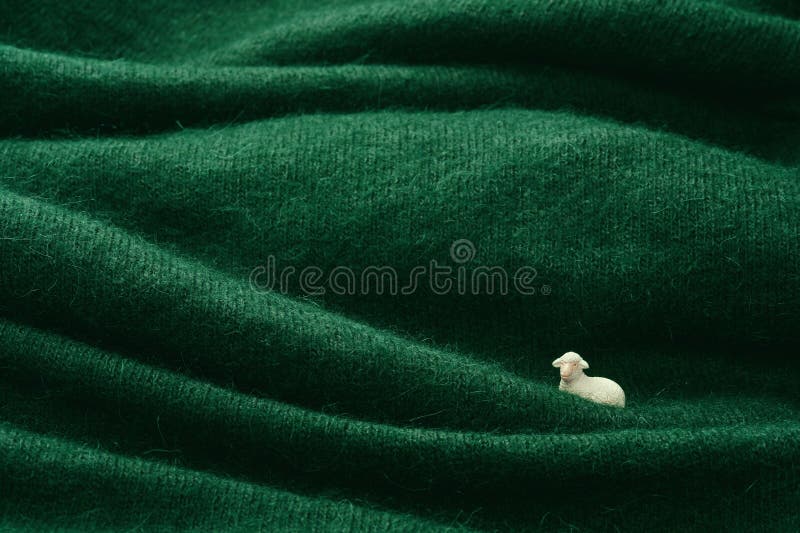 Tiny Sheep on Green Woolen Hills. a Miniature Sheep Figurine Placed on ...