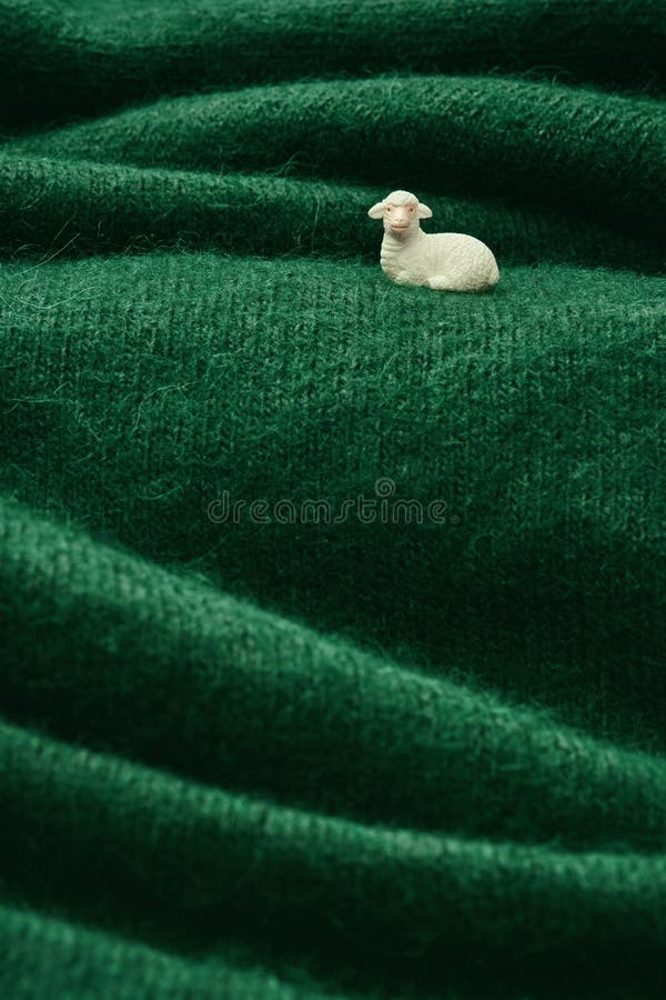 Tiny Sheep on Green Woolen Hills. a Miniature Sheep Figurine Placed on ...
