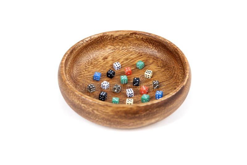 Tiny 6 Sided Dice in a Wooden Bowl Over White Stock Image - Image of ...