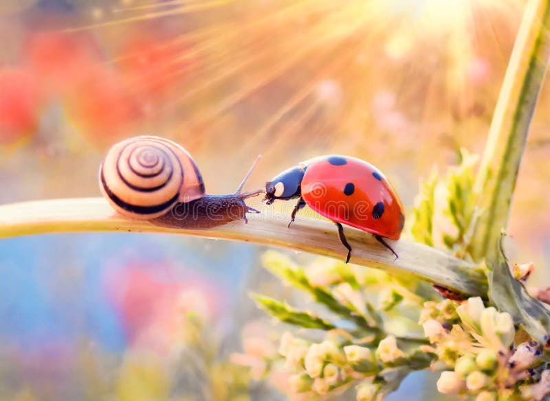 Tiny Snail and Little Ladybug Chit Chatting on Leaf Stalk Stock ...