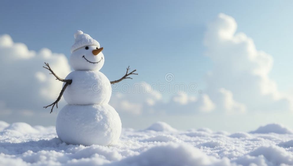 Tiny Snowman on a Light Blue Sky with Fluffy White Clouds, Light, Sky ...