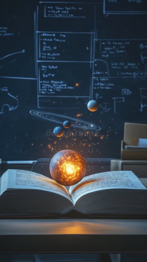 Tiny Solar System Emerges from Open Book on School Desk with Glowing ...