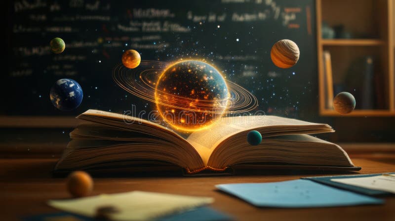 Tiny Solar System Emerges from Pages of Open Book on School Desk ...