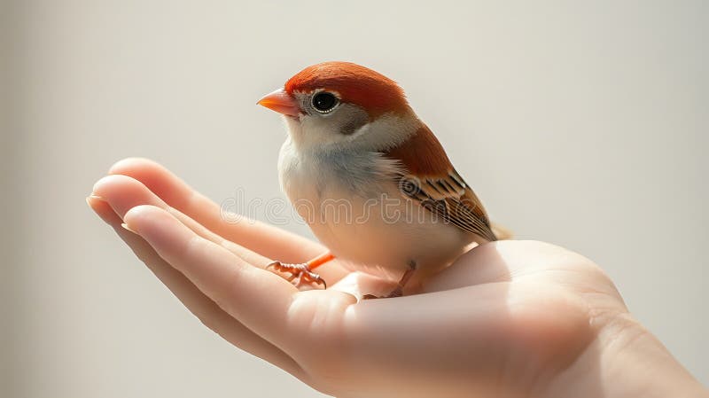 Tiny Sparrow Perched Gently on a Hand in Soft Light Stock Illustration ...