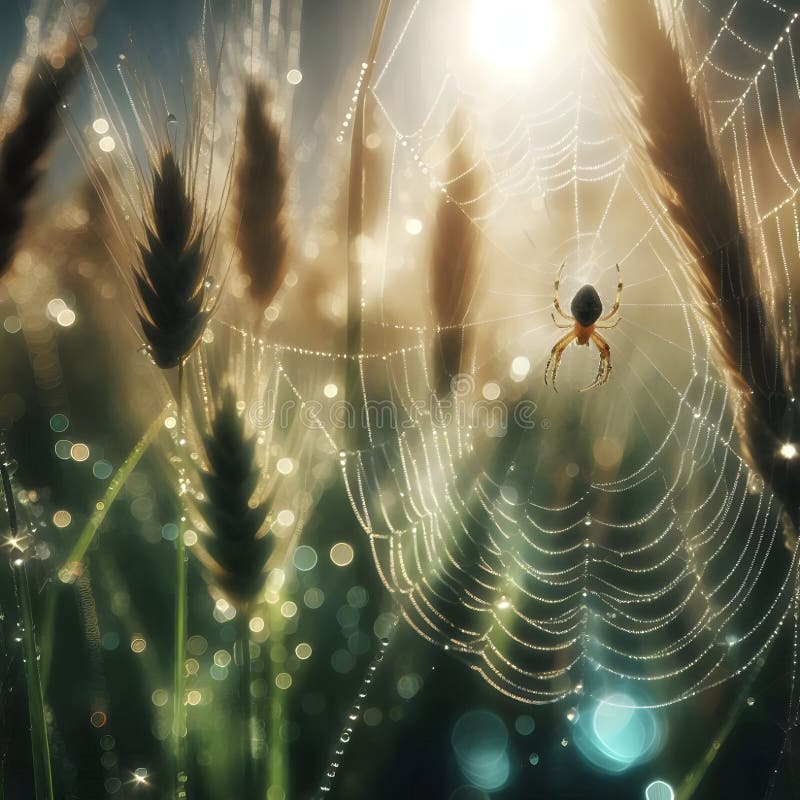 A Tiny Spider Hanging from Its Threads on the Grass Blades with Blurry ...