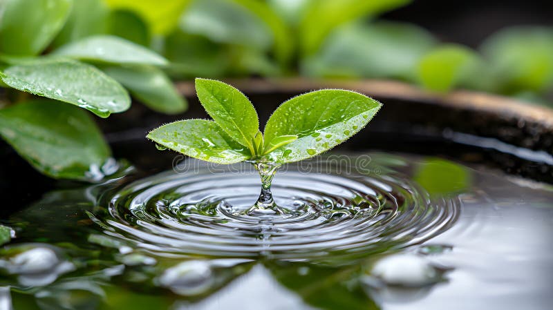 Green Leaf Sprout Growing in Water with Ripple Effect Concept Stock ...
