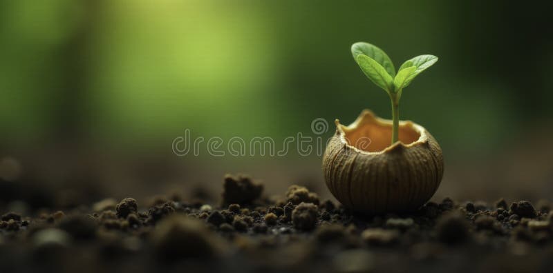 Tiny Sprout Emerging from a Cracked Nut Shell, Foliage, Earthy, Natural ...