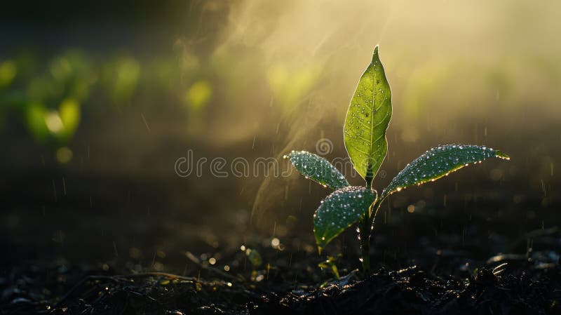 A Tiny Sprout Emerging from the Earth, Embracing the Morning Rain Stock Illustration ...