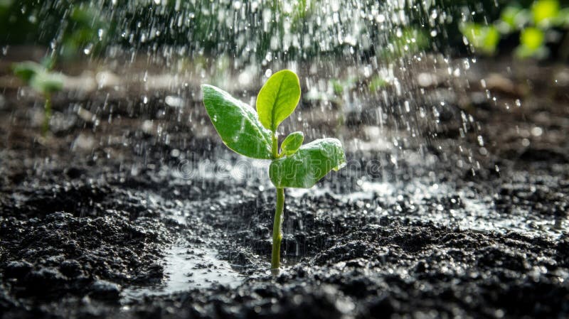 A Tiny Sprout Emerging from the Ground Being Watered Stock Illustration ...
