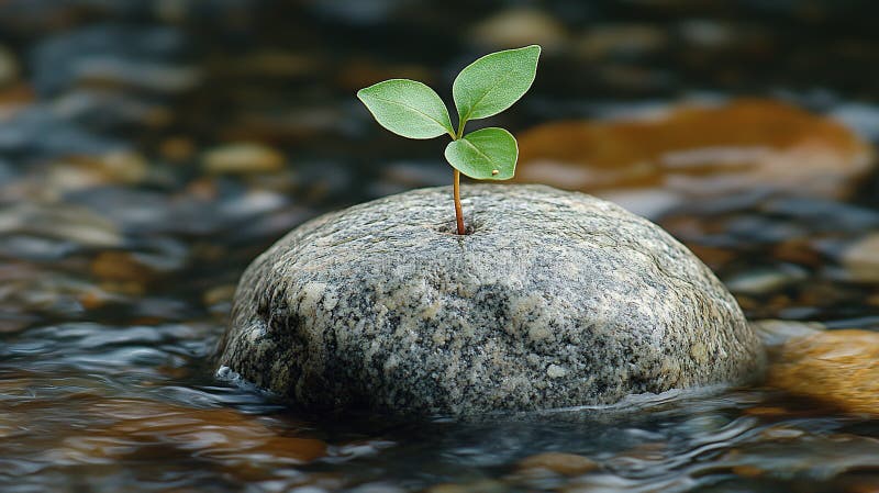 Tiny Sprout Emerging from a Stone in Flowing Water Stock Illustration ...