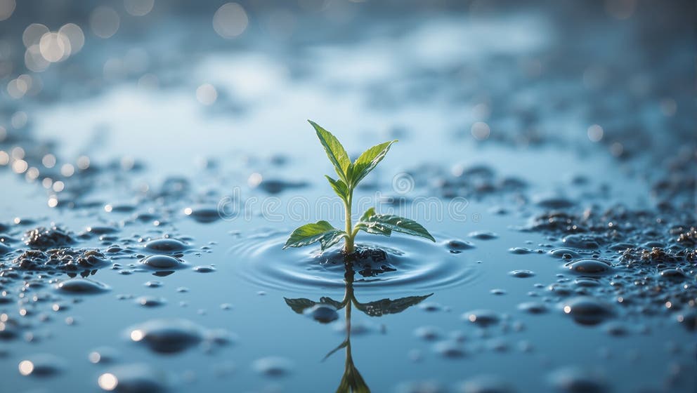 Tiny Sprout in Rain Puddle Under Blue Sky Stock Illustration ...