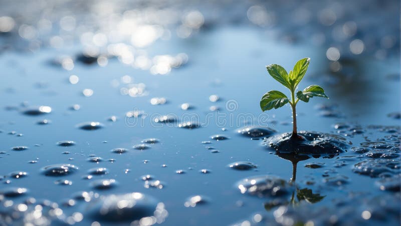 Tiny Sprout in Rain Puddle Under Blue Sky Stock Illustration ...
