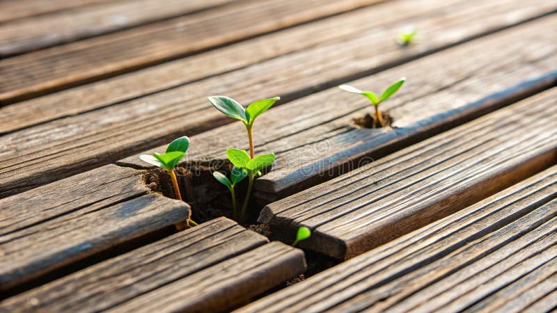 Tiny Sprouting Seedlings Poking Up between Shattered Deck Boards ...