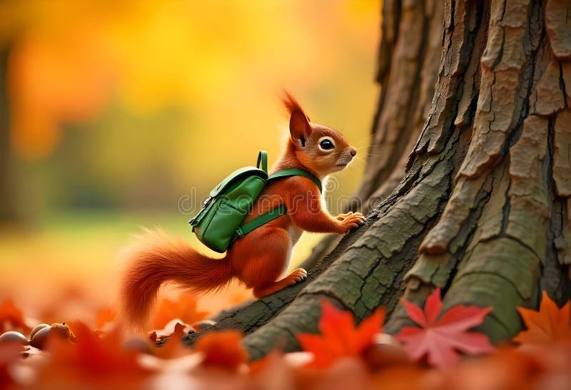 A Tiny Squirrel with Green Backpack Stock Illustration - Illustration ...