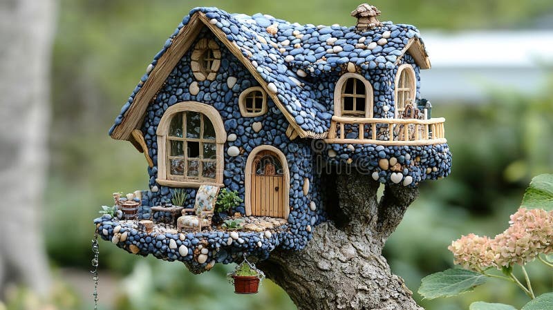 Tiny Stone House on Tree, Blurry Garden. Decor Use Stock Illustration ...