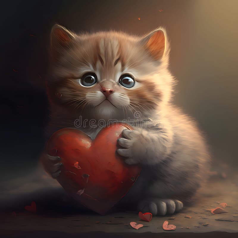 Tiny, Sweet Kitten or Having a Red Heart in Its Paws, Illustrations ...