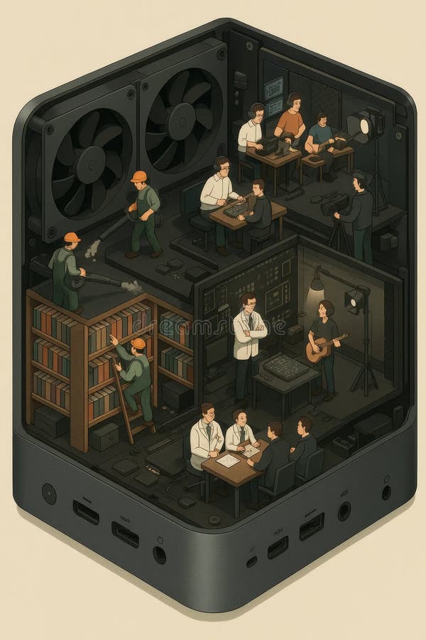 Tiny Tech Workers Performing Maintenance, Archiving, Filming, Playing Music, and Collaborating ...