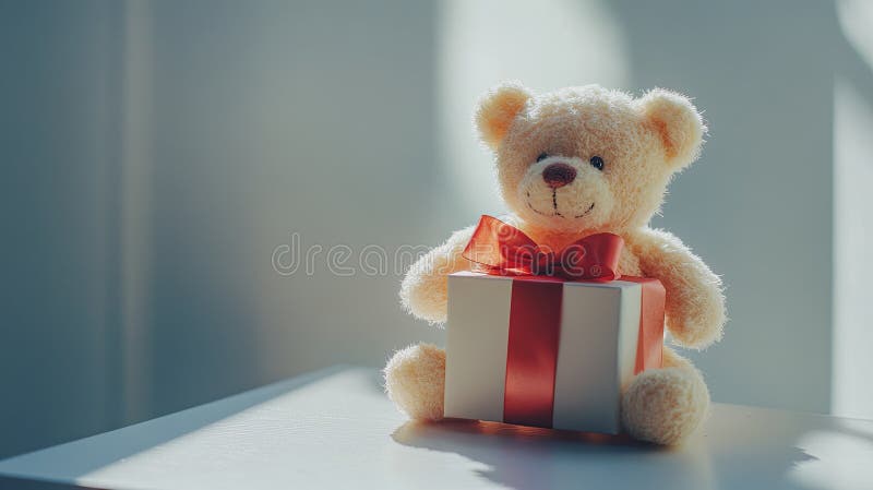 Tiny Teddy Bear Holding Ribbon Tied Box Placed Clean Light Stock Photos ...