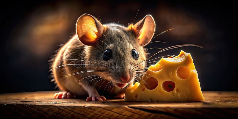 A Tiny Thief at Work Closeup Mouse Nibbling on a Cheese Cube in a Dark ...