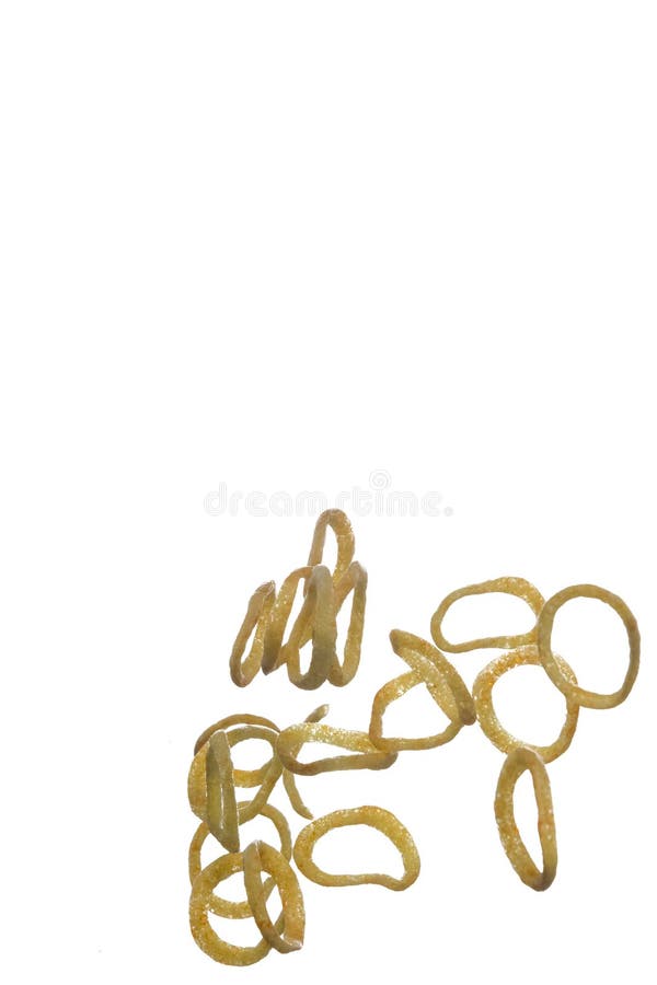 Tiny Thin Flying Dried Onion Rings in Free Falling. Isolated Over White ...