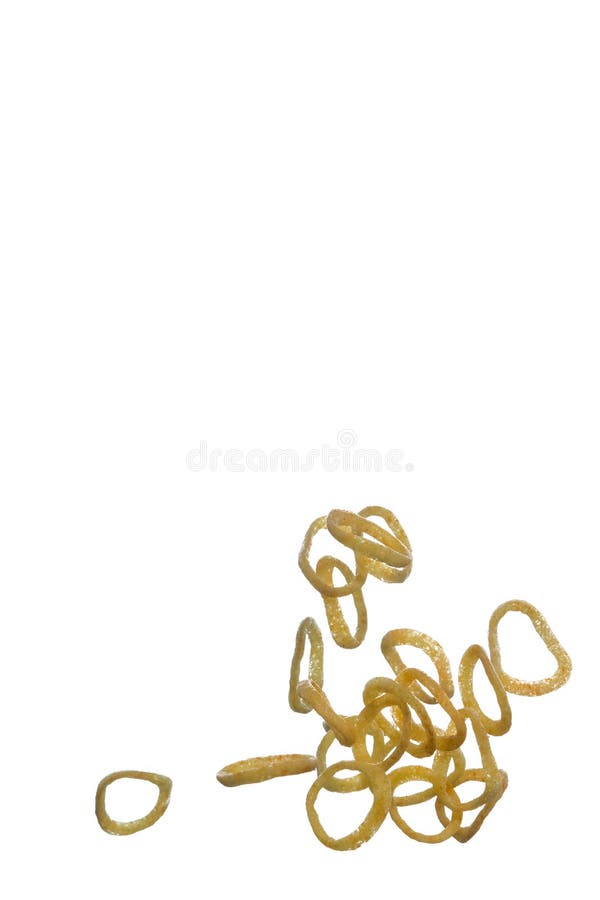 Tiny Thin Flying Dried Onion Rings in Free Falling. Isolated Over White ...