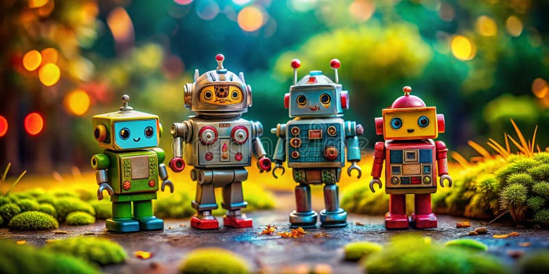Tiny TiltShift Robots Posing in a Miniature World Adorable Cartoon Characters in a Playful ...