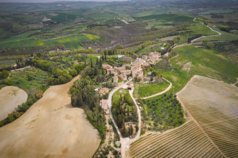 The Tiny Town of Lucignano D`Asso, Taken from Above, Flying a Drone ...