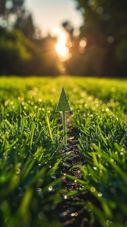 Tiny Tree on Dewy Grass at Sunrise in a Serene Garden Stock ...