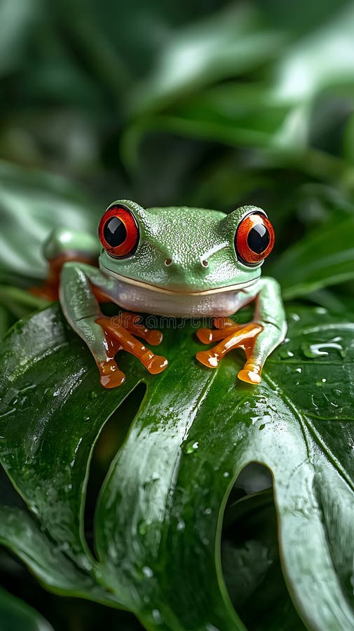 Tiny Tree Frog on Leaf, Textured Skin and Bright Orange Eyes. Stock ...