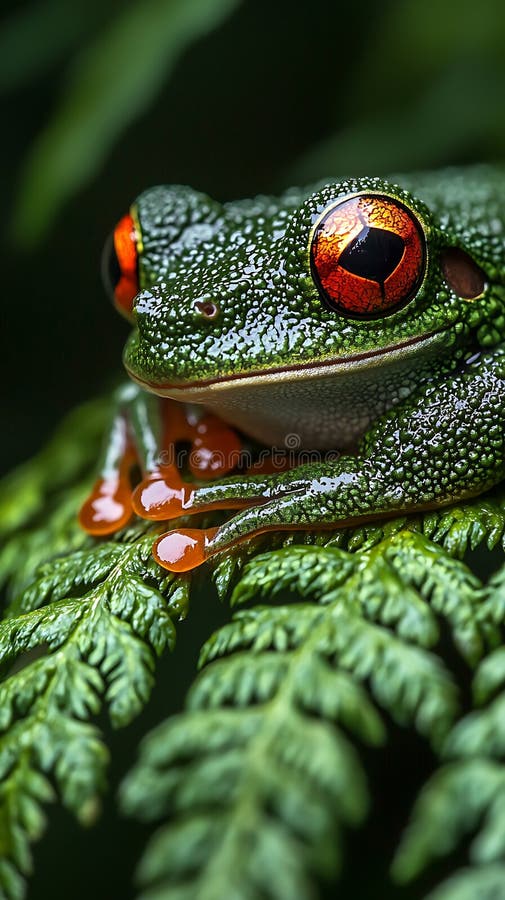 Tiny Tree Frog on Leaf, Vibrant Skin and Deep Eyes. Stock Illustration ...