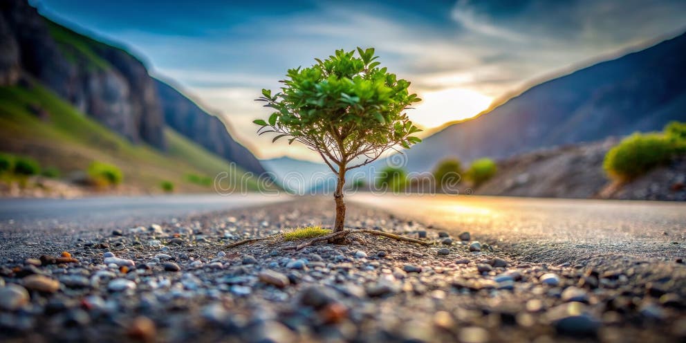 A Tiny Tree Grows in the Middle of the Road, Close-Up View, Mountains ...