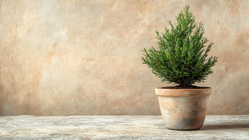 Tiny Tree in Rustic Clay Pot on Beige Background Stock Illustration ...