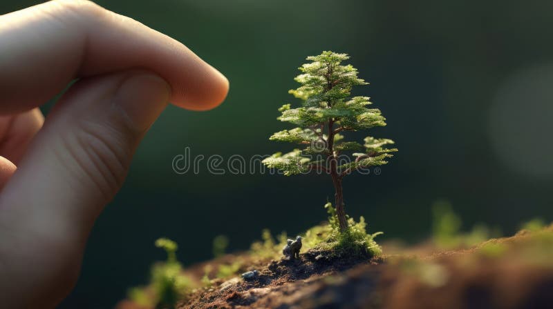 A Tiny Tree Sitting on the Tip of the Finger, Macro Shot, Miniaturecore ...